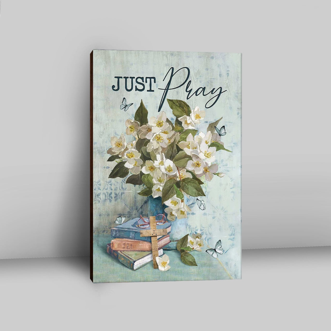 Jasmine Book Wooden Cross Just Pray Canvas Art - Christian Art - Bible ...