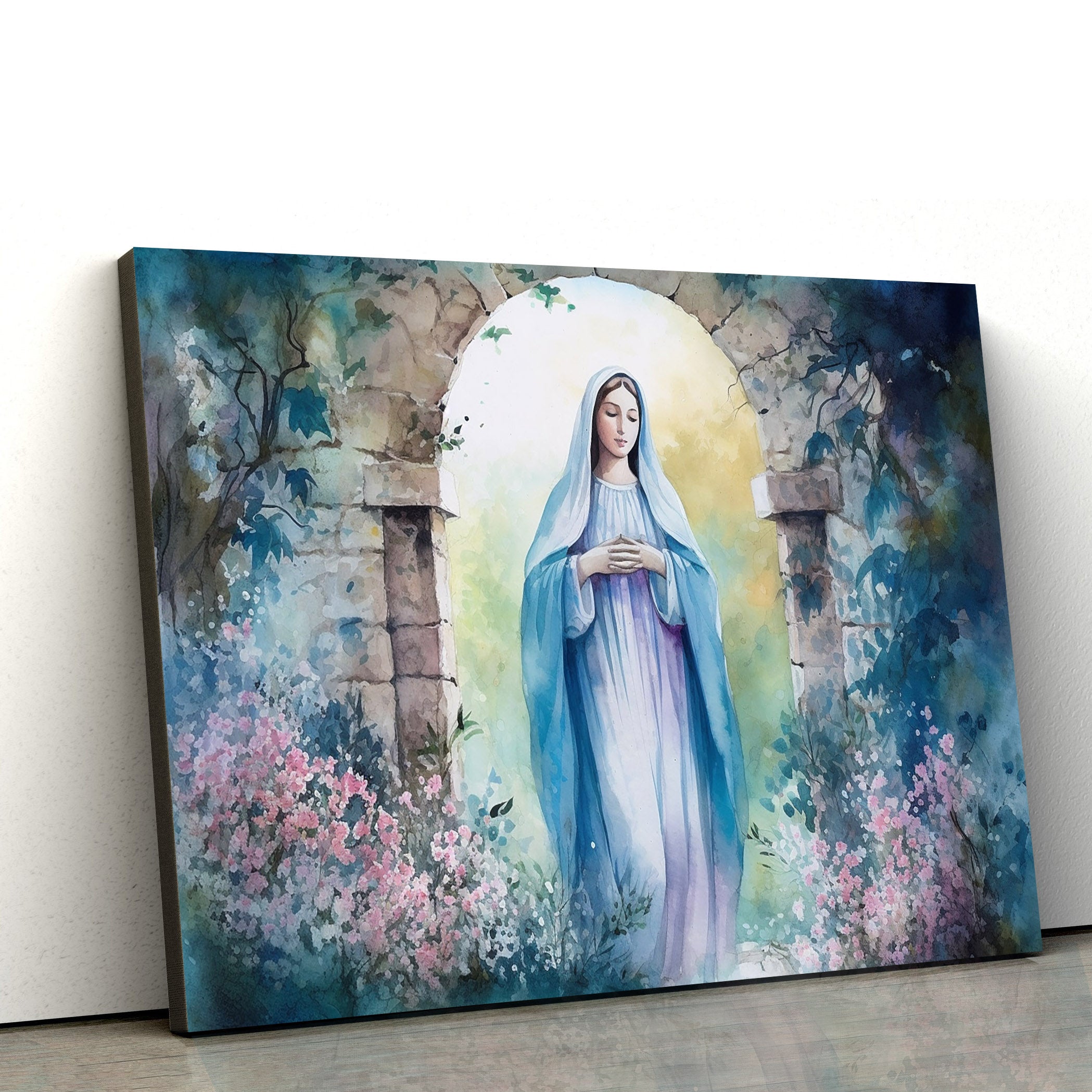 A Painting Of The Lady In A Garden With Pink Flowers - Jesus Canvas Pi ...