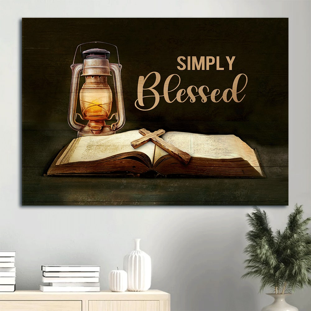 Antique Lantern Vintage Bible Cross Drawing Simply Blessed Canvas Wall ...