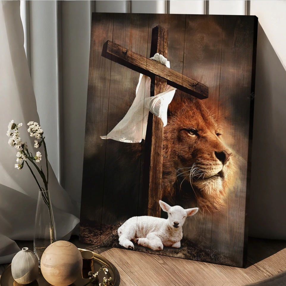 Cross Lion Drawing Lamb Of God King Of Kings Canvas Posters - Christia ...