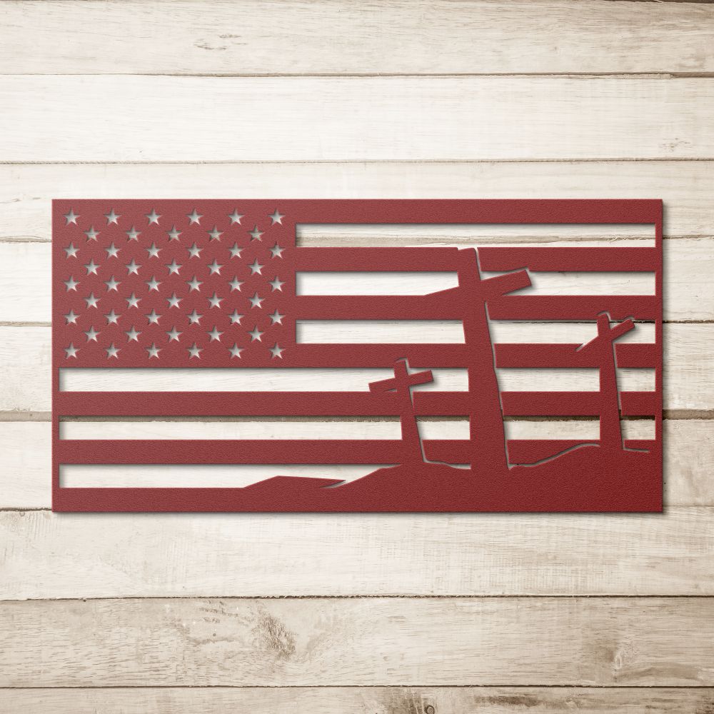 Crosses With Flag Metal Sign - Christian Metal Wall Art - Religious Me ...