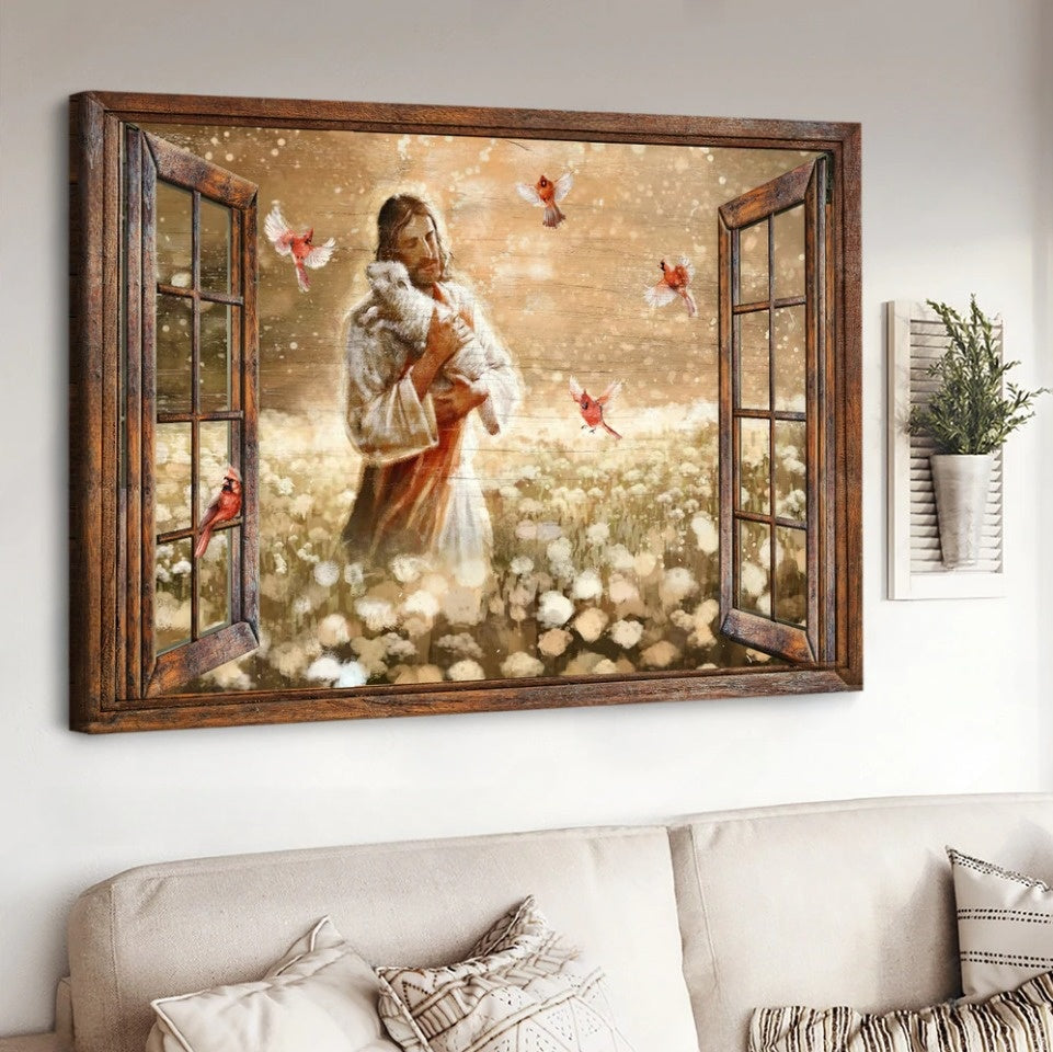 Dandelion Field Jesus Holding Lamb Cardinal Canvas Wall Art - Jesus Ca ...