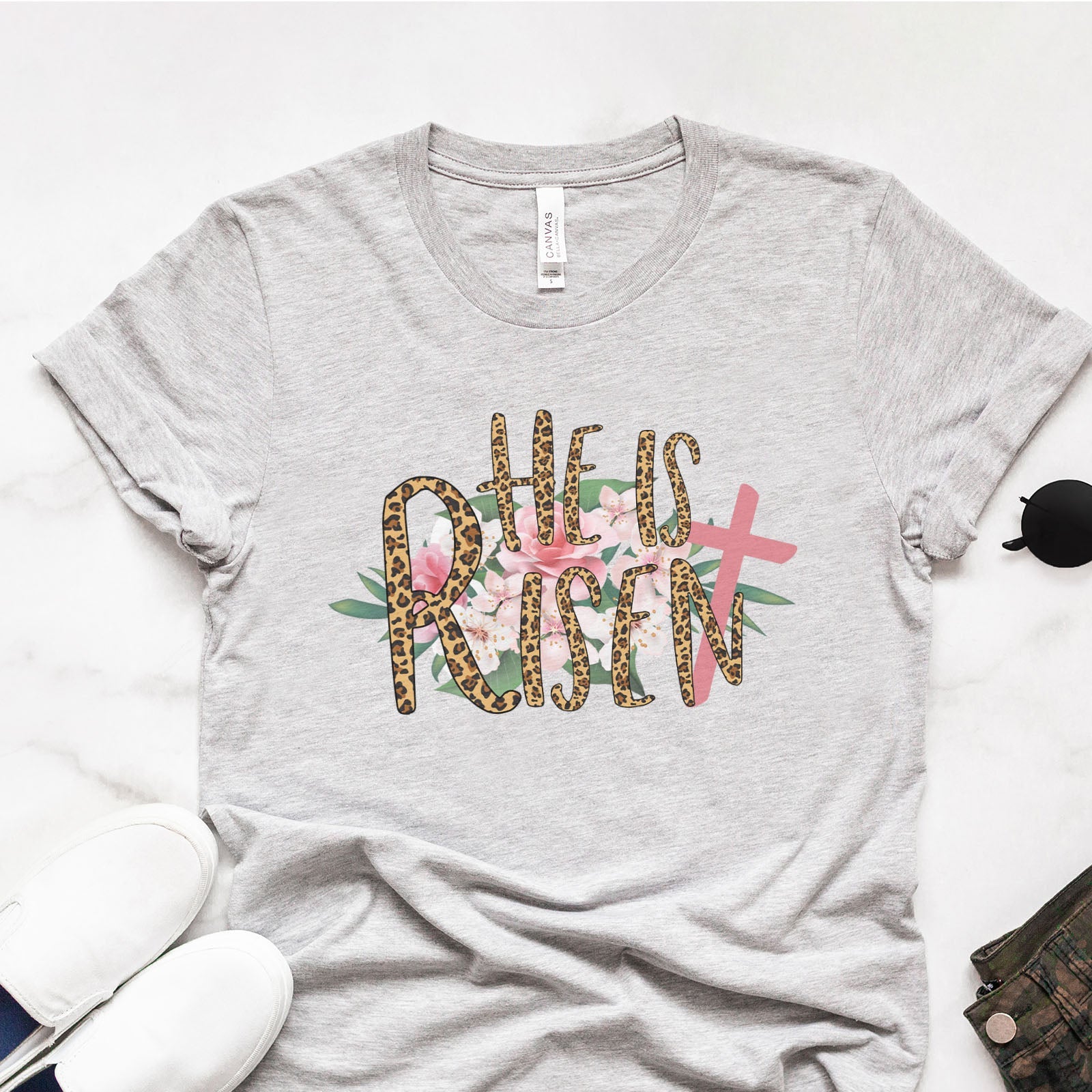 He Is Risen Leopard Pink Roses Tee Shirts For Women - Christian Easter ...