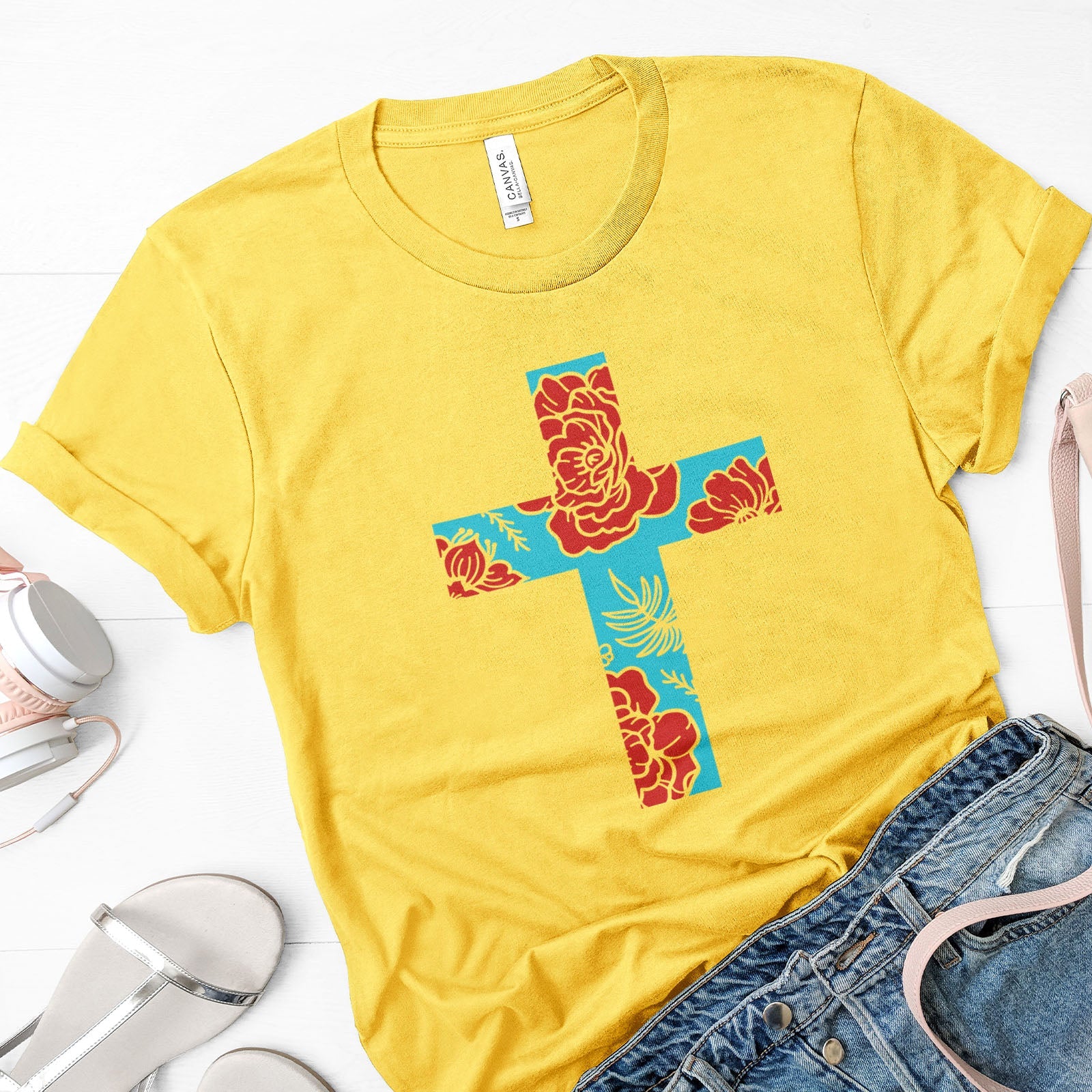 Floral Cross Bright Tee Shirts For Women - Christian Shirts for Women ...