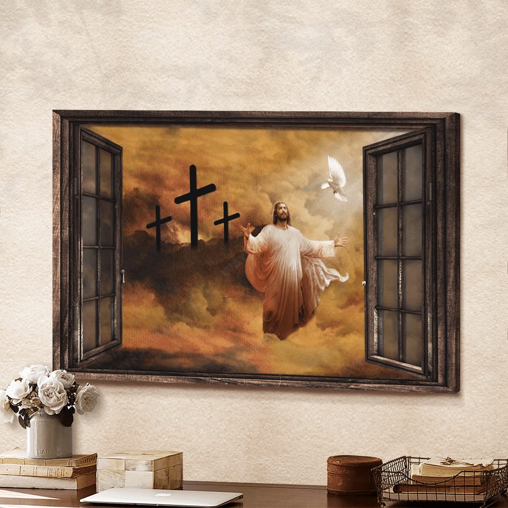 Jesus And Dove The Rugged Cross Heaven's Lights Canvas Wall Art - Jesu ...