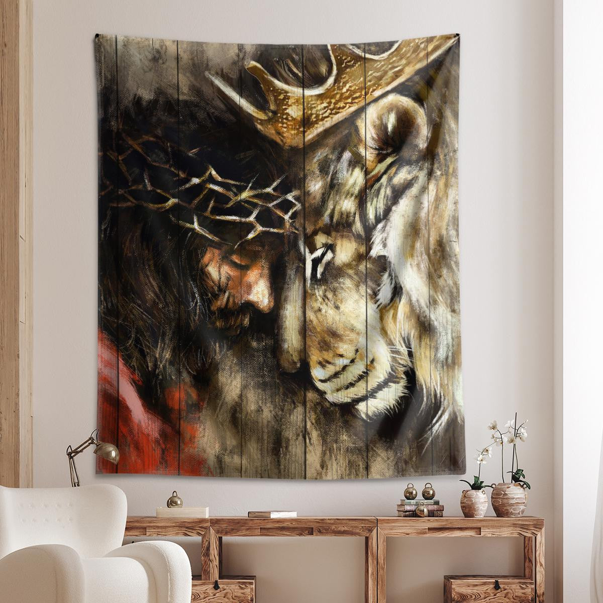 Jesus And Lion Painting Tapestry Lion Tapestry Jesus Tapestry Christia ...