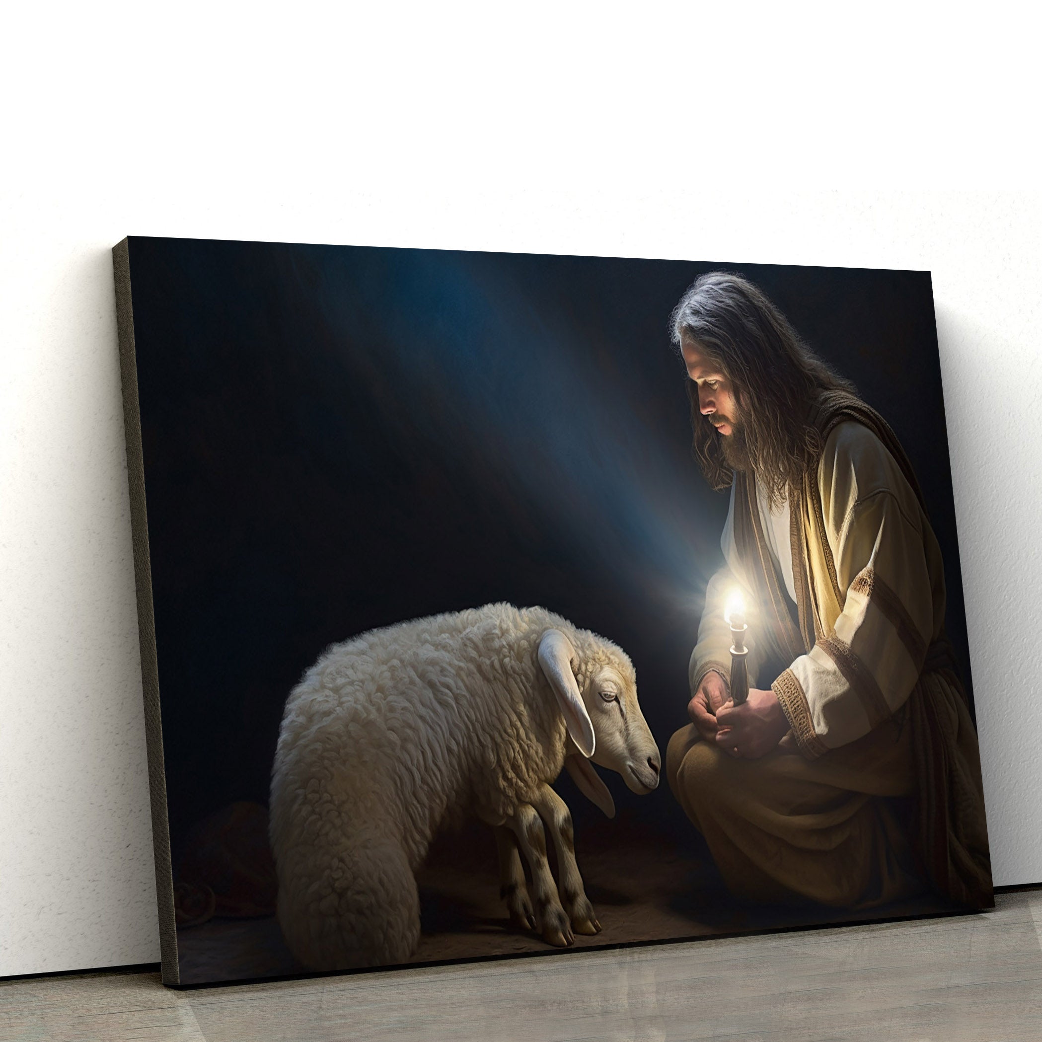 Jesus Kneeling With Sheep With A Lamp - Canvas Pictures - Jesus Christ ...