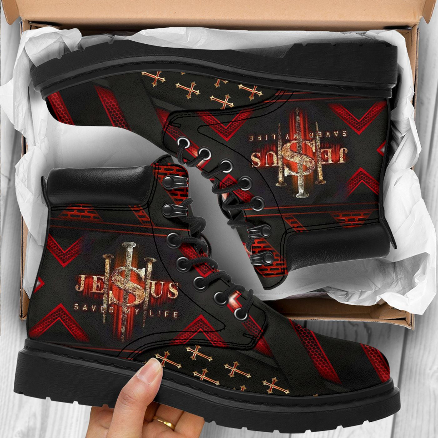 Jesus Saved My Life Black Leather Boots 3 - Christian Shoes For Men An ...