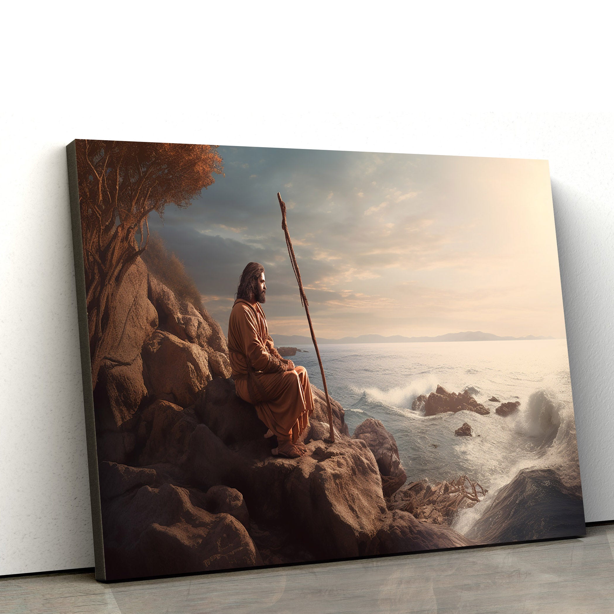 Jesus Sits On The Edge Of The Sea With A Pole And Bible - Canvas Pictu ...