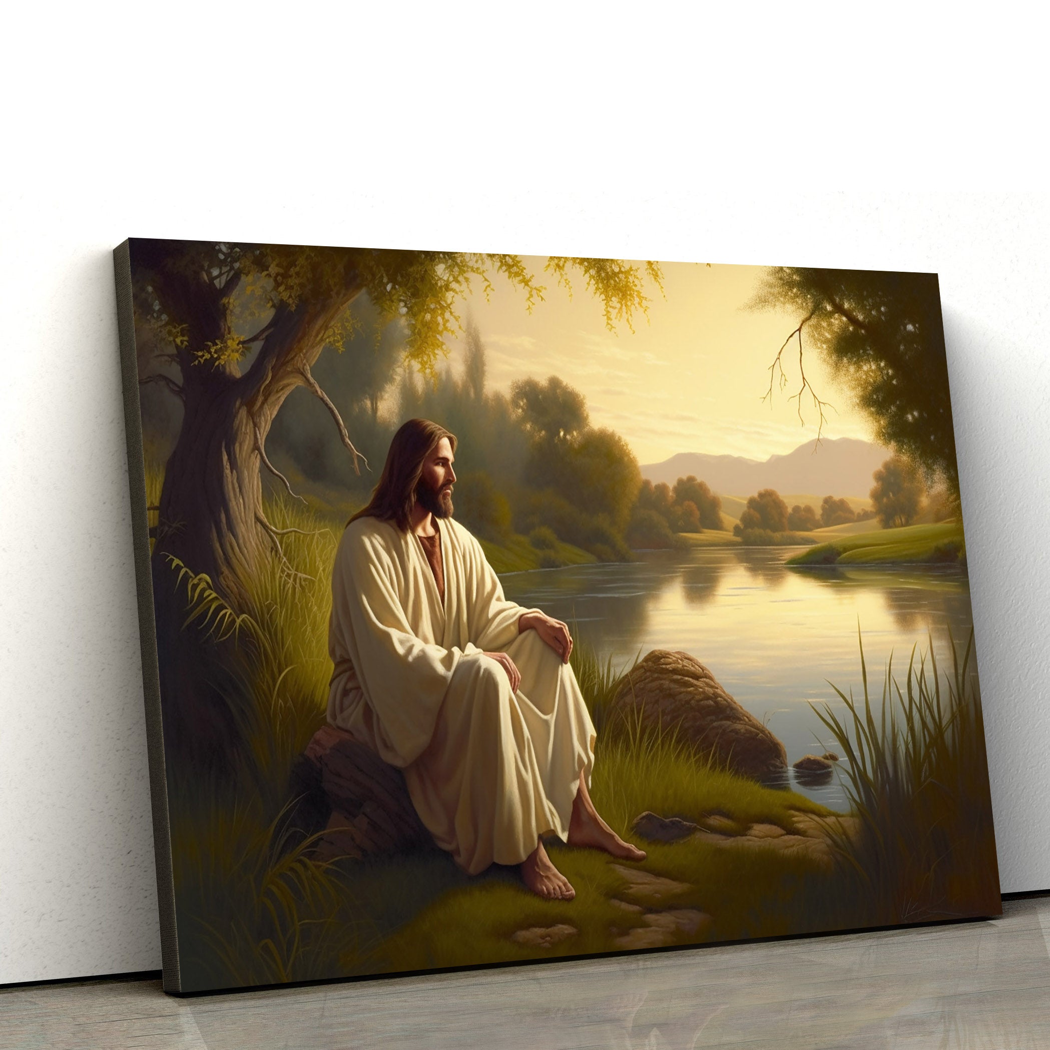 Jesus Sitting On Grass Next To A River - Canvas Picture - Jesus Christ ...