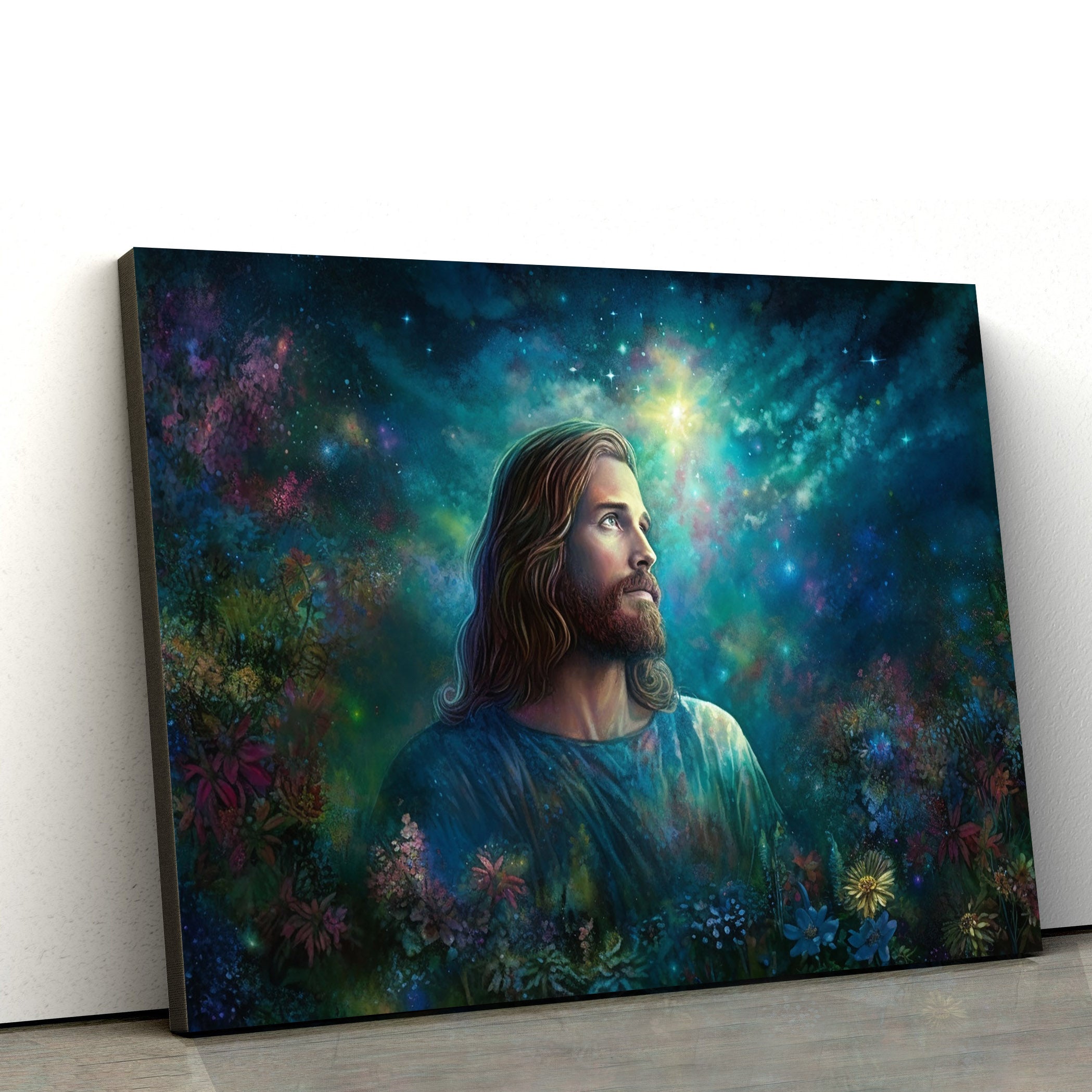 Jesus Standing In The Night Sky Watching A Garden Of Stars - Canvas Pi ...