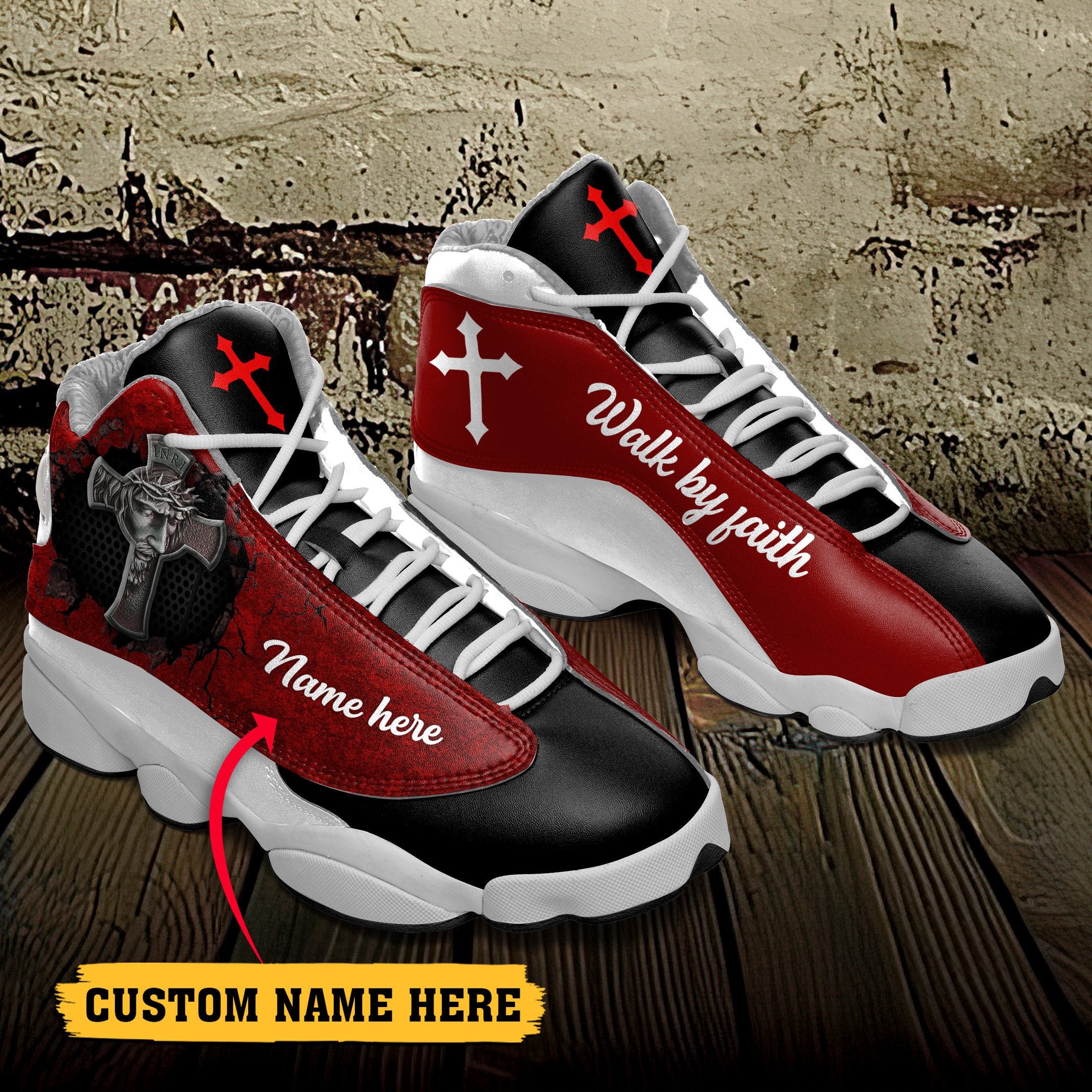 Jesus Walk By Faith Red J13 Shoes - Personalized Name Faith Shoes - Je ...