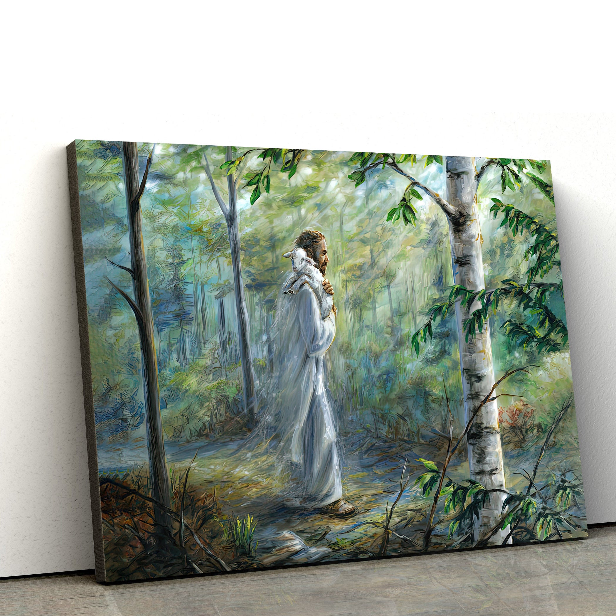Jesus Walking In Forest With Lamb Over Shoulder Canvas Posters - Jesus ...