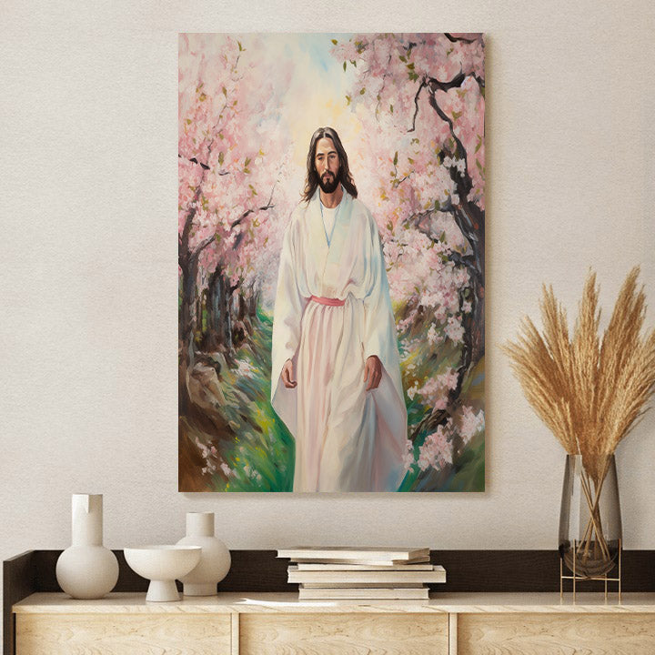 Jesus Walking On A Spring Path With Cherry Blossoms - Jesus Canvas Pic ...