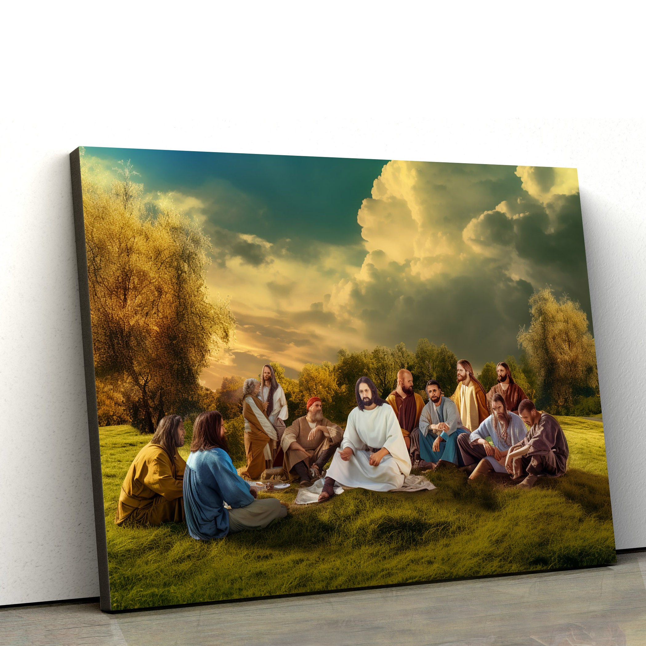 Jesus With A Group Of People And People Sitting On Grass - Canvas Pict ...