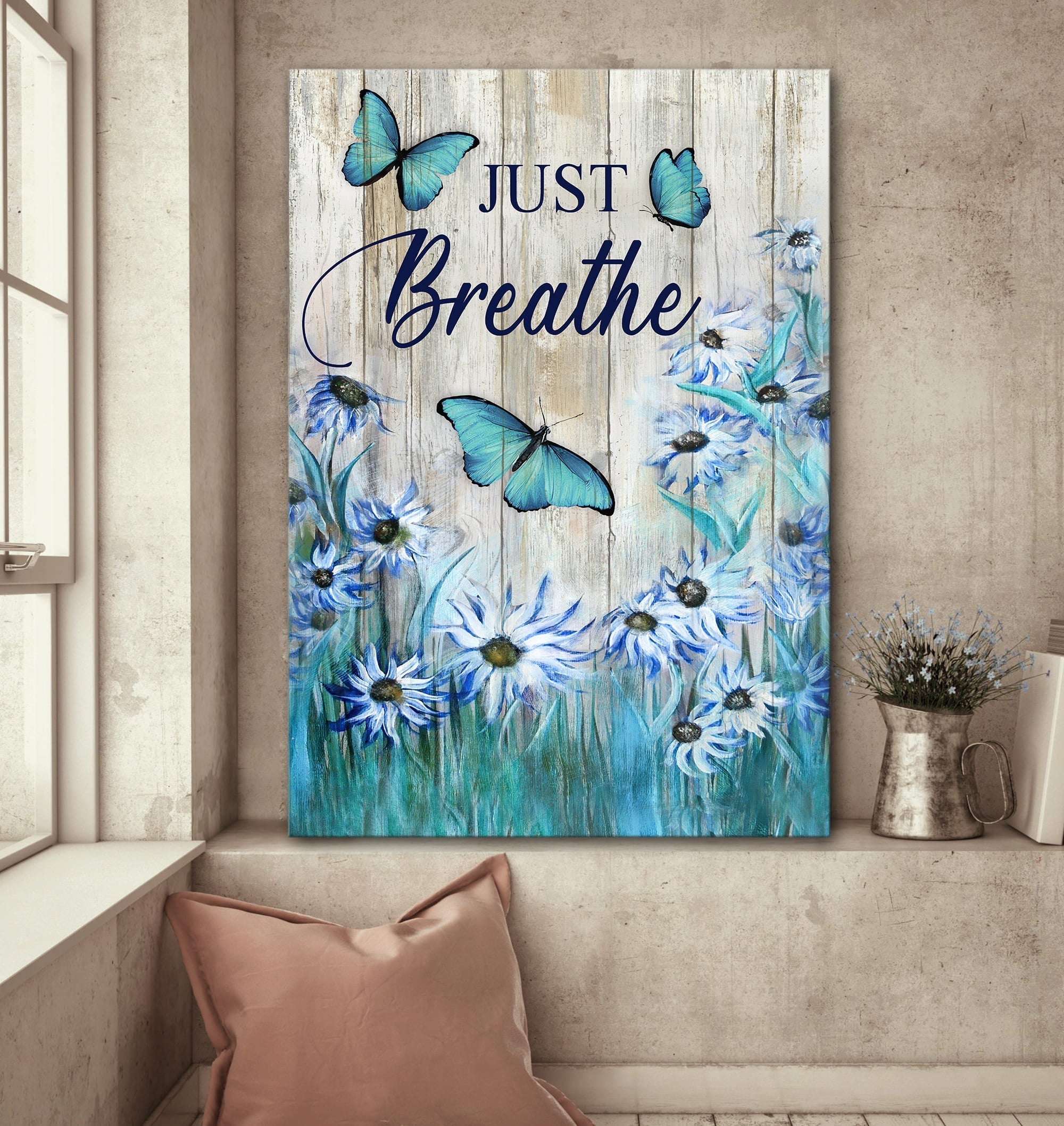 Just Breathe Canvas Wall Art - Blue Flower Garden- Butterfly Painting ...