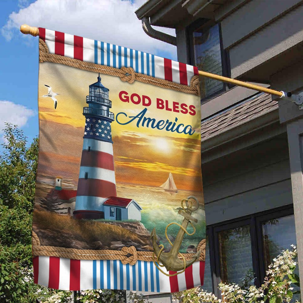 Lighthouse God Bless America Flag - Religious House Flags - Christian ...