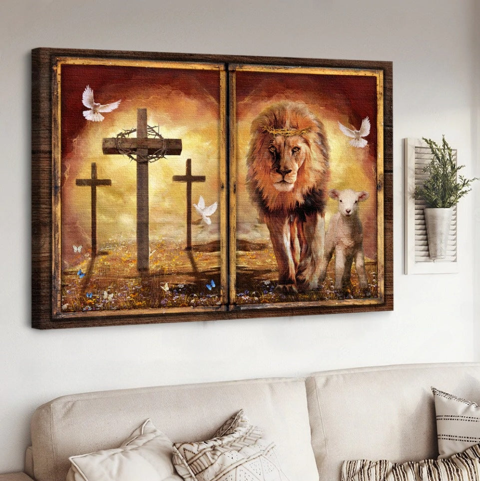 Lion And Lamb Orange Sunset Cross Canvas Wall Art - Christian Poster ...