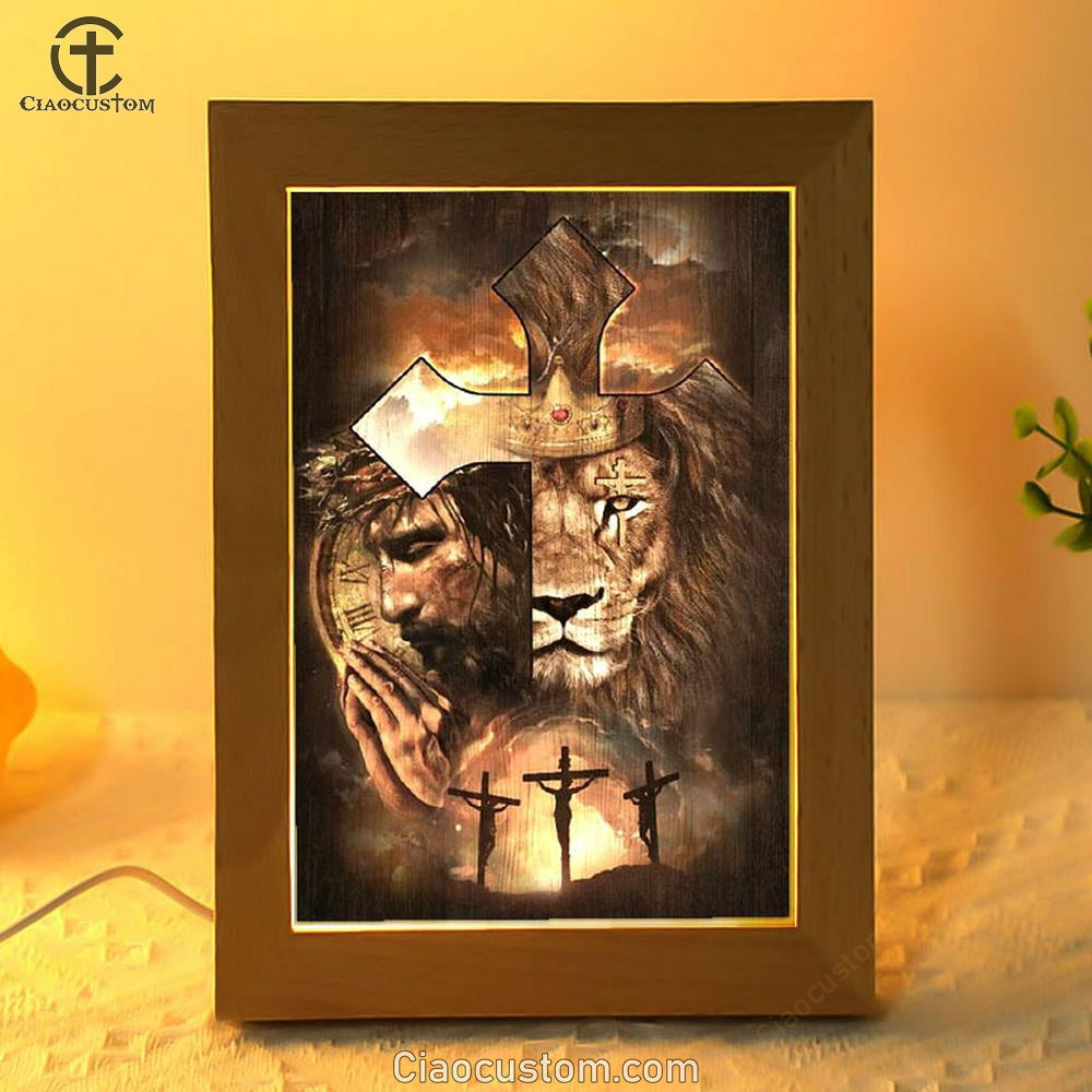 Lion Of Judah, Face Of Jesus, Golden Crown, Cross Frame Lamp – Ciaocustom