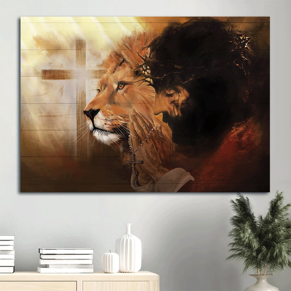 Lion Real Face Of Jesus Cross Symbol Pray For Healing Canvas Wall Art ...