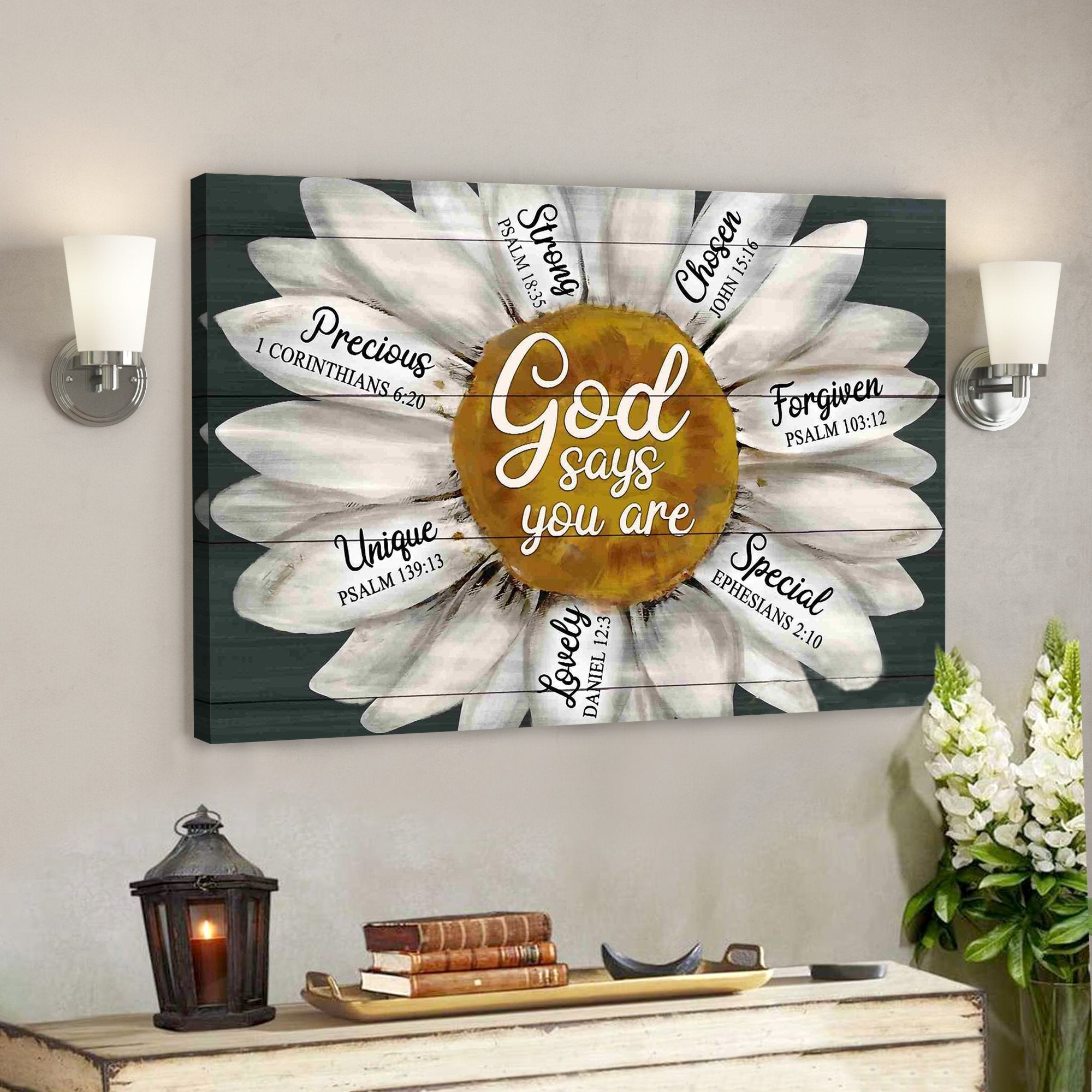 Bible Verse Wall Art Canvas - Daisy - God Says You Are Canvas - Ciaocu ...