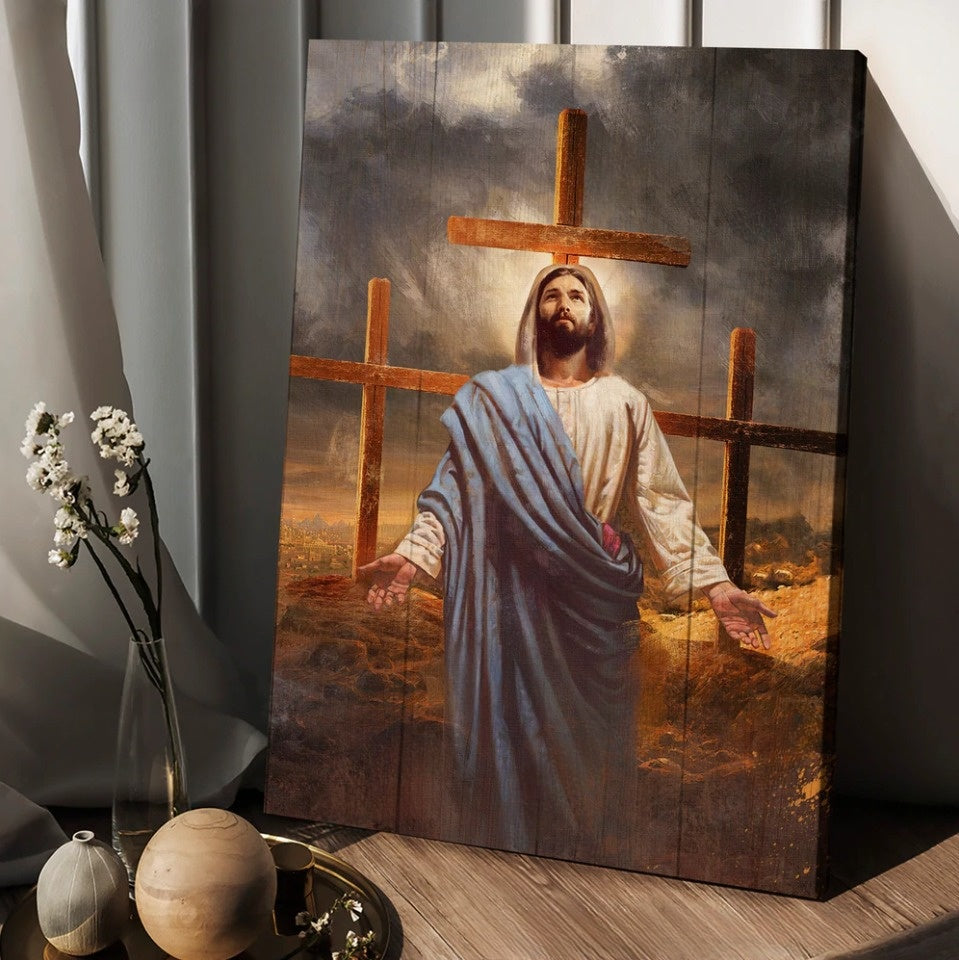 Old Rugged Cross Jesus Painting Black Cloud Canvas Wall Art - Christia ...