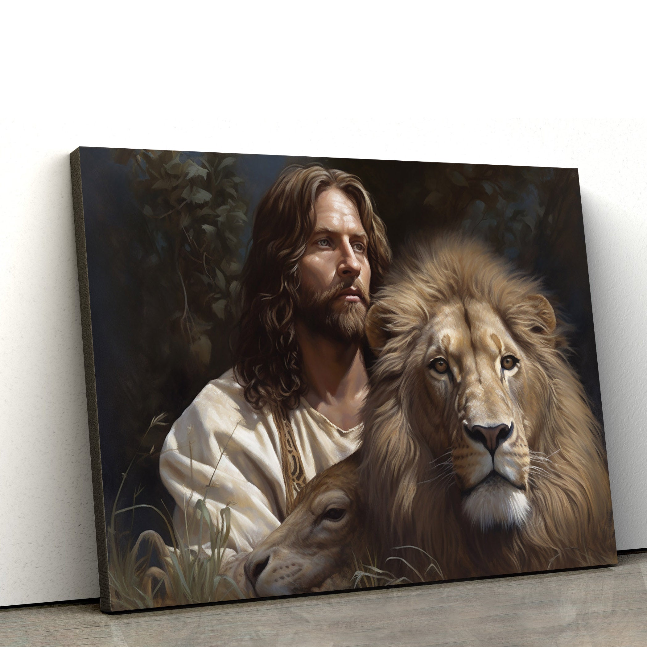 Portrait Of Jesus With A Lion On The Grass 1 - Canvas Picture - Jesus ...