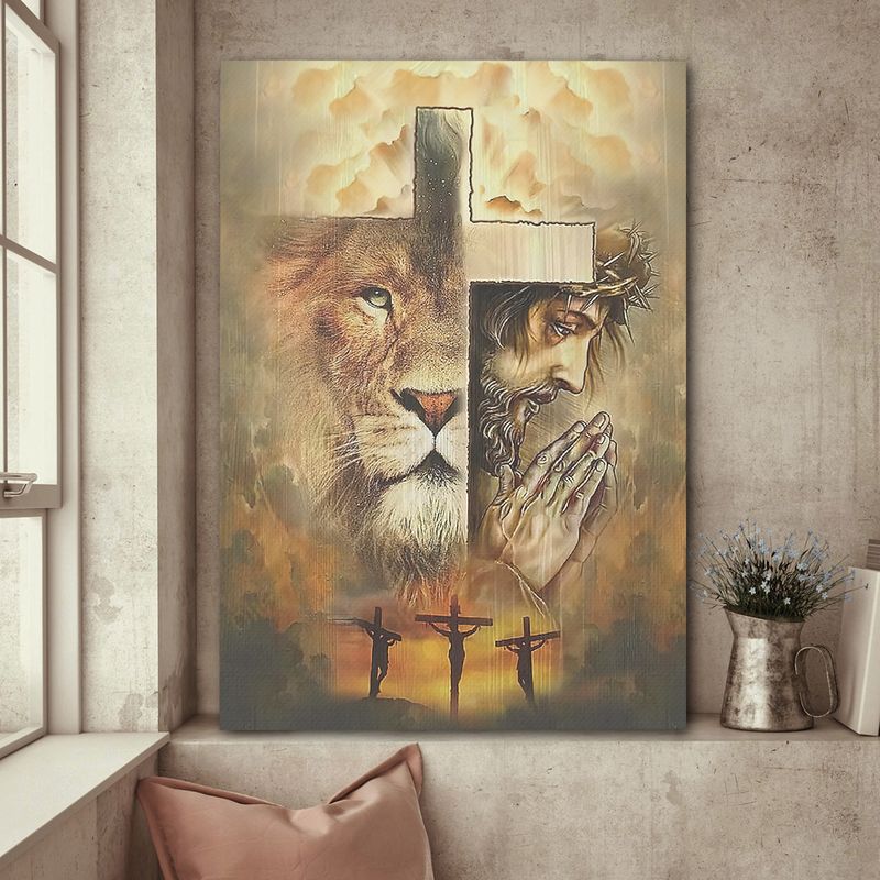 Praying With Jesus Lion Of Judah Cross Canvas Wall Art - Christian Wal ...