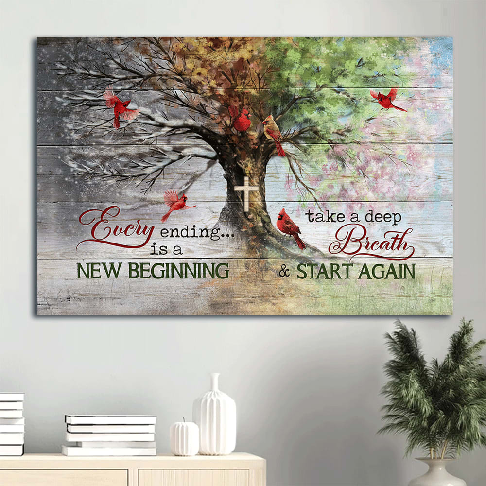 Red Cardinal Amazing Four Seasons Tree God Faith Framed Canvas Wall Ar ...