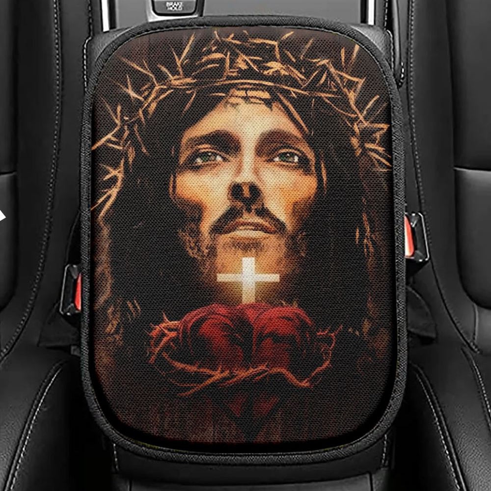 The Face Of Jesus Heart Crown Of Thorn Car Center Console Cover, Chris ...