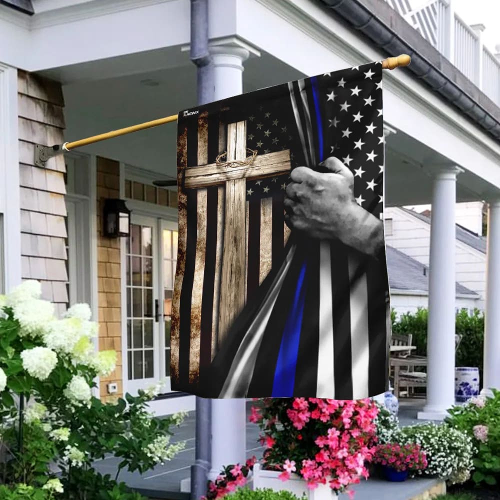 Thin Blue Line Christian Cross House Flags - Christian Garden Flags ...