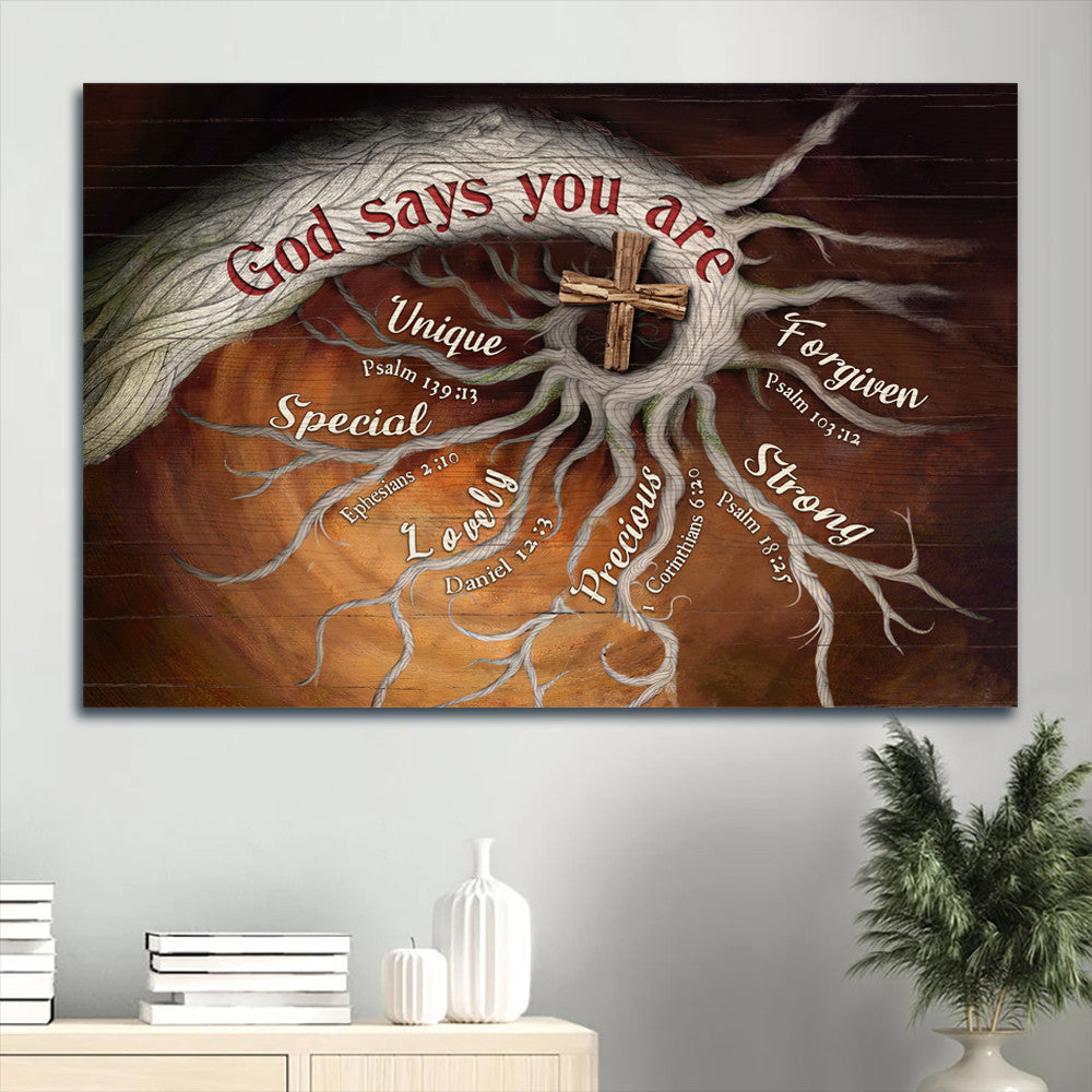 Tree Roots Wooden Cross Painting Bible Verses God Says You Are Canvas ...